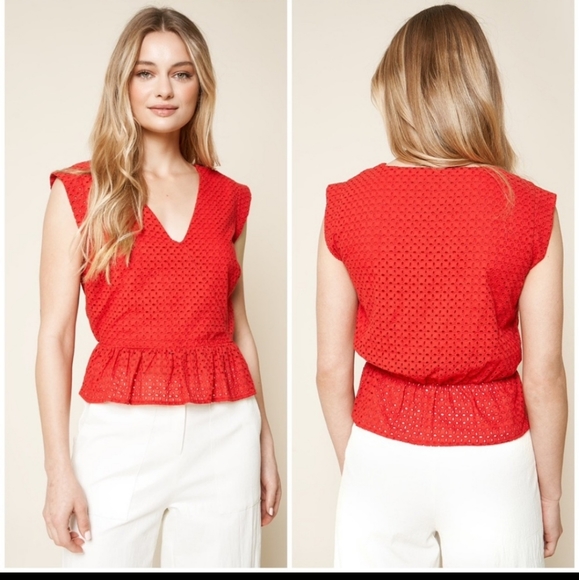 Tops | Hp Rich Red Eyelet Surplice Top | Poshmark